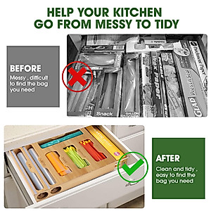 HEROPIE 6 IN1 Bamboo Foil and Plastic Wrap Dispenser with Cutter for Kitchen Drawer, Storage Bag Organizer, Compatible with Gallon, Quart, Sandwich and Snack Variety Size Bags (Bamboo)