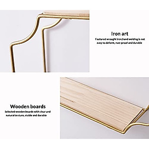 Dianhengmi Rectangular Floating Shelves Wall Decor, Gold Metal Wire and Wood Wall Mounted Large Space Storage Shelf Home Decorations Art for Bedroom Living Room Kitchen Bathroom, Set of 3
