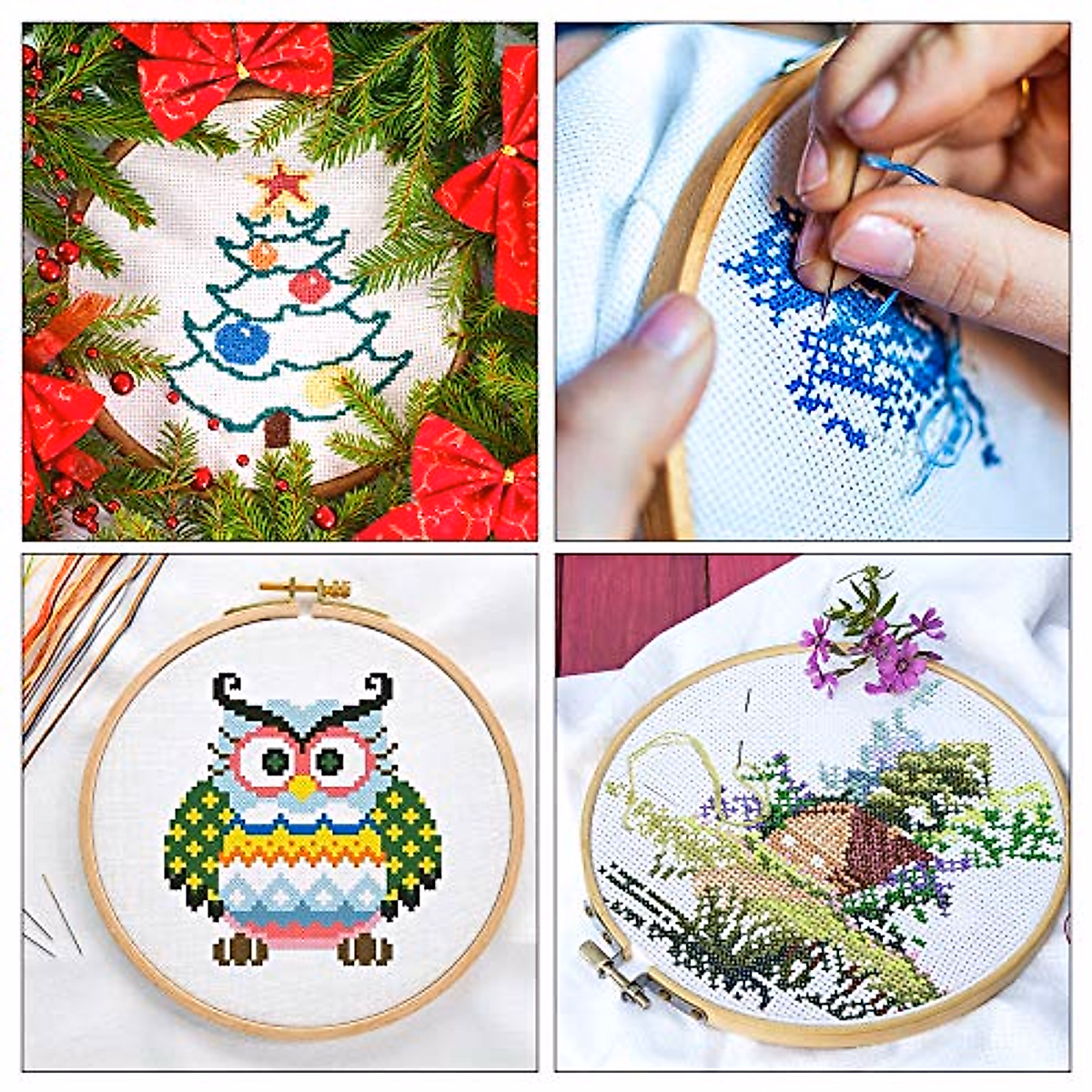 Inscraft 304 Pack Embroidery Kit, 200 Colors Threads, 5 Pcs Bamboo Embroidery Hoops, 2 Pcs Aida Cloth, Instructions, Bag and Cross Stitch Tools Set, Hand Embroidery Starter Kit for Beginners Adults