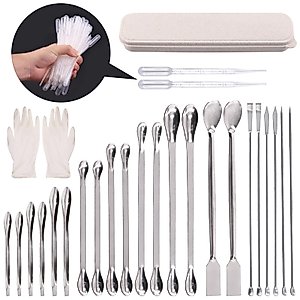 Swpeet 74Pcs Stainless Steel Micro Lab Scoop Spoon Lab Spatulas with 3ML Plastic Transfer Pipettes Kit, Pill Filler Tamper Tool Micro Spatula Steel Spoon Reagent Mixing Spatula Long Sampling Spoon