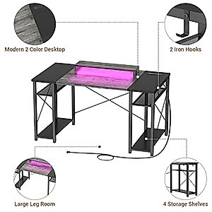 armocity Computer Desk with LED Lights, 48 Inch Desk with Power Outlet and USB, Reversible Large Desk with Moveable Monitor Stand, 48'' Gaming PC Table for Home Office, Workstation, Grey and Black
