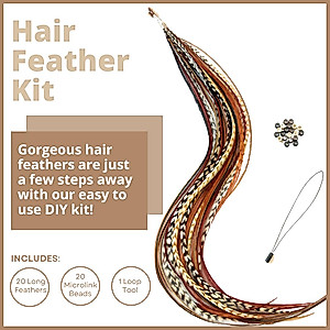 Hair Feathers Kit, 20 Beautiful Feathers for Hair, Brown Black White Long Feather Extensions with beads and loop tool, 100% Real Rooster Boho Soft Natural Feather Accessories