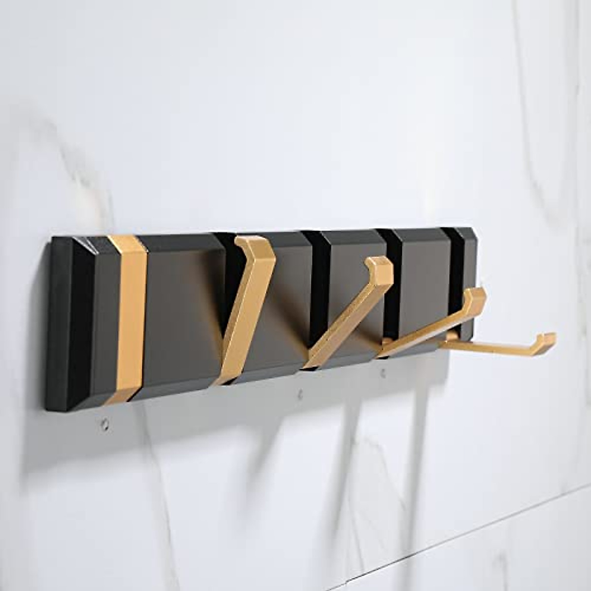 Beelee Coat Rack Wall Mount Floating Hook Rack, Space-Saving Towel Hanger Folding Coat Hooks for Coats,Scarves,Hat and More,Black and Gold Finish