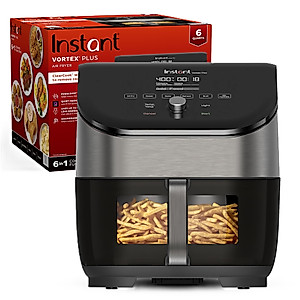Instant Vortex Plus 6-Quart Air Fryer Oven, From the Makers of Instant Pot with Odor Erase Technology, ClearCook Cooking Window, App with over 100 Recipes, Single Basket, Stainless Steel