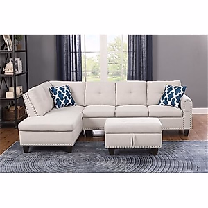 Devion Furniture Polyester Fabric Sectional Sofa with Lift-top Storage Ottoman, Tufted Design, in Beige Finish