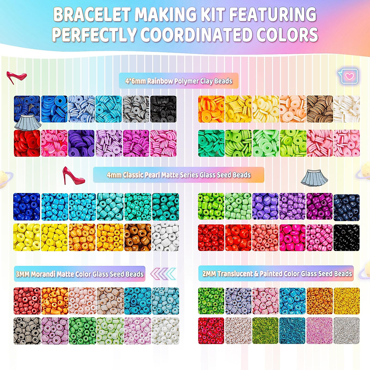 Goldwise Friendship Bracelet Kit - 16000 pcs with 48 Colors Glass Seed Beads (2/3/4mm), 24 Colors Clay Beads, 7 Styles Letter Beads (A-Z), Variety of Charms, DIY Jewelry & Bracelet Making Crafts