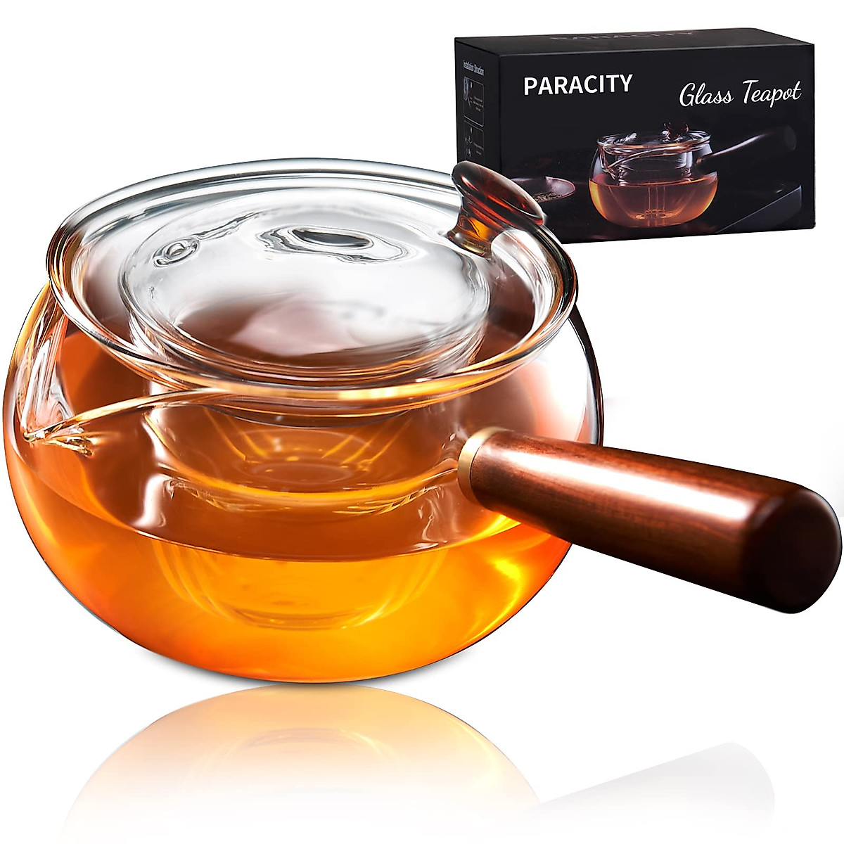 PARACITY Glass Teapot with Infuser Japanese Teapot Stovetop Safe Teapot Blooming and Loose Leaf Tea Maker with Wooden Handle Kyusu 11.8 oz 350 ml