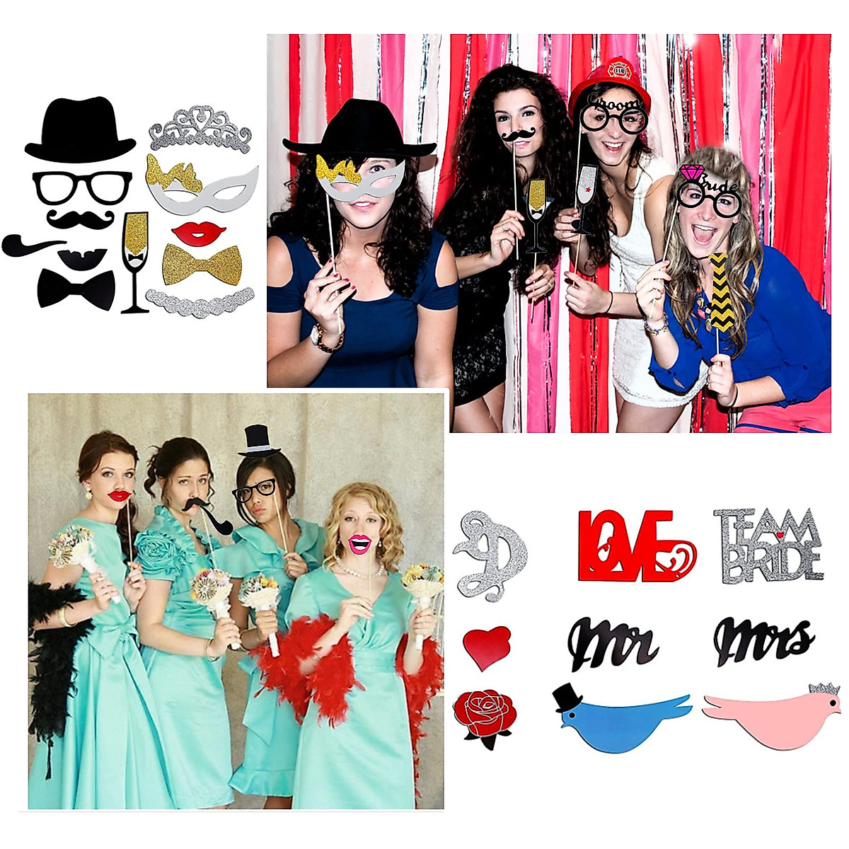 Andiker Photo Booth Props Wedding, 31 Pcs Funny Photo Booth Accessories with Wooden Stick, Shinny Photo Booth Accessories for Bridal Shower, Party and Valentine Include Tie, Hat, Mustaches