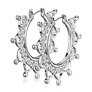Forbidden Body Jewelry Heart Filigree Earrings, Filigree Earrings Silver Tone, Filigree Earring, 2 inch Women's Filigree Earrings Hoops, Surgical Steel Posts (Silver Tone Brass).