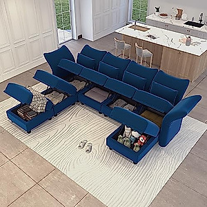 LLappuil Velvet Modular Sectional Sofa 127.7" 7-Seater U Shaped Couch with Storage, High Back Recliner Couches with Chaise for Living Room, Anti-Scratch Blue