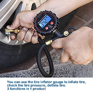 CZC AUTO Digital Tire Inflator Pressure Gauge, LED Display Tyre Deflator Gage with Straight Brass Lock-on Chuck Rubber Hose, Compatible with Air Pump Compressor for Truck Bus RV Car Motorcycle Bike