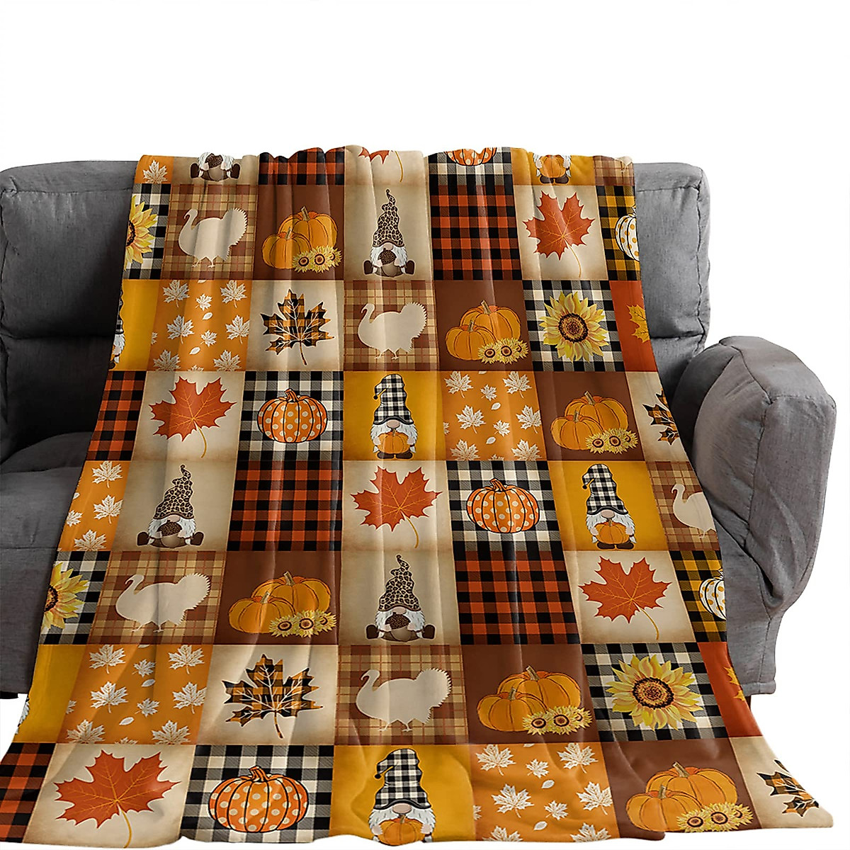 Chucoco Thanksgiving Blankets Fleece Throw Blanket 40x60In, Fall Pumpkin Maple Leaf Dwarf Soft Plush Flannel Blankets Vintage Check Lightweight Fuzzy Bed Throws for Couch/Sofa/Chair