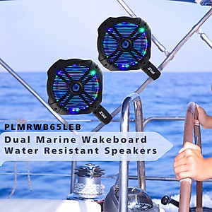 Pyle Waterproof Marine Wakeboard Tower Speakers - 6.5” Dual Subwoofer Speaker Set and 1.0” Tweeters, LED Lights and 200 Watt Power - 2-way Boat Audio System with Mounting Bracket - PLMRWB65LEB (Black)