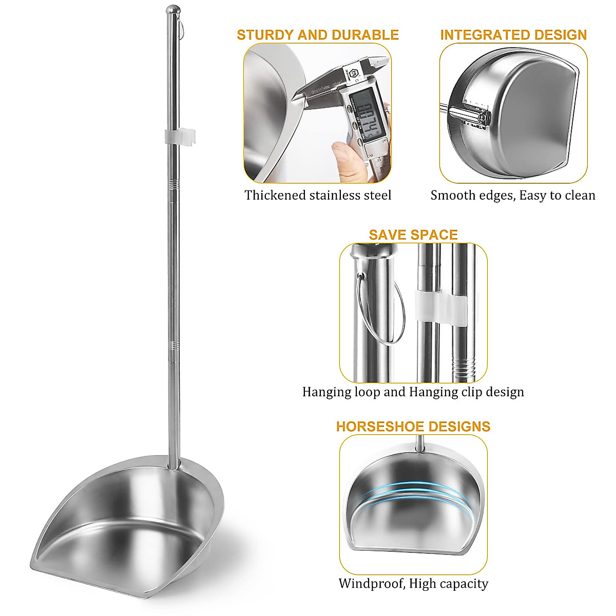 Broom and Dustpan Set with Long Handle, Heavy Duty Broom with Dustpan Combo Set, Windproof Upright Stainless Steel Dust Pan with Kitchen Brooms for Home Office Lobby Indoor Outdoor Use, Brown