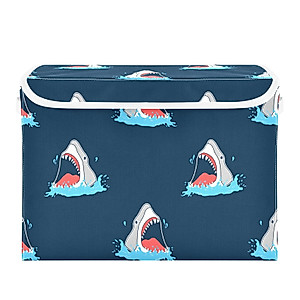 VIGTRO Large Collapsible Storage Bins with Lids Hand Drawn Shark, Summer Storage Baskets Organizer Containers with Handles for Home Bedroom Office