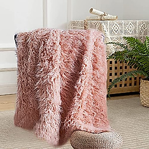 BYTIDE Mongolian Long Hair Faux Fur Plush Throw Blankets with Micromink Back, Soft Luxury Furry Fuzzy Shaggy Throw for Couch Sofa Chair Bed Cover Bedroom Living Room Home Décor, 50 x 60 Inches, Pink