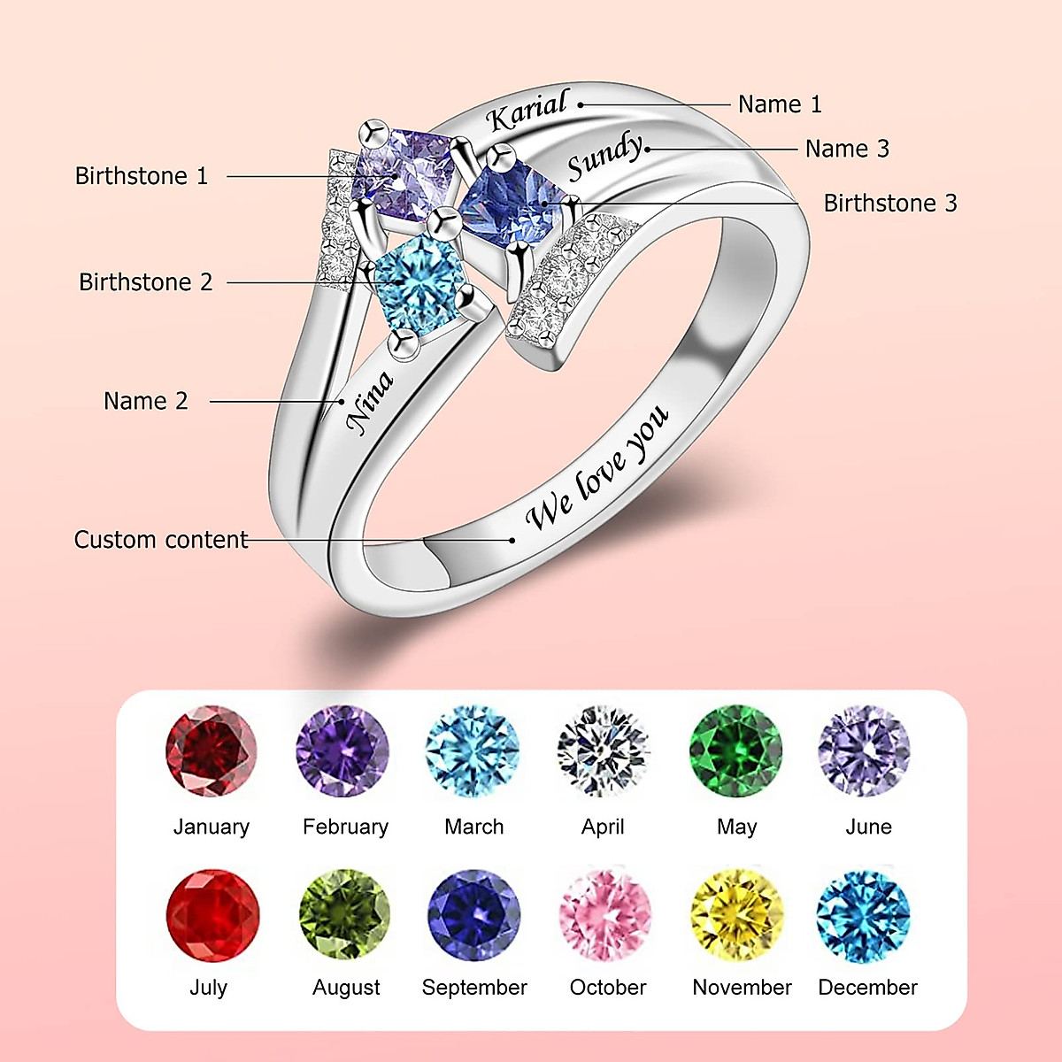 Seecoco Personalized Mothers Ring with 3 Simulated Birthstones for Mom Engraved Name Ring for Women Promise Rings for Her Custom Family Ring for Wife Grandmother Jewelry Gifts