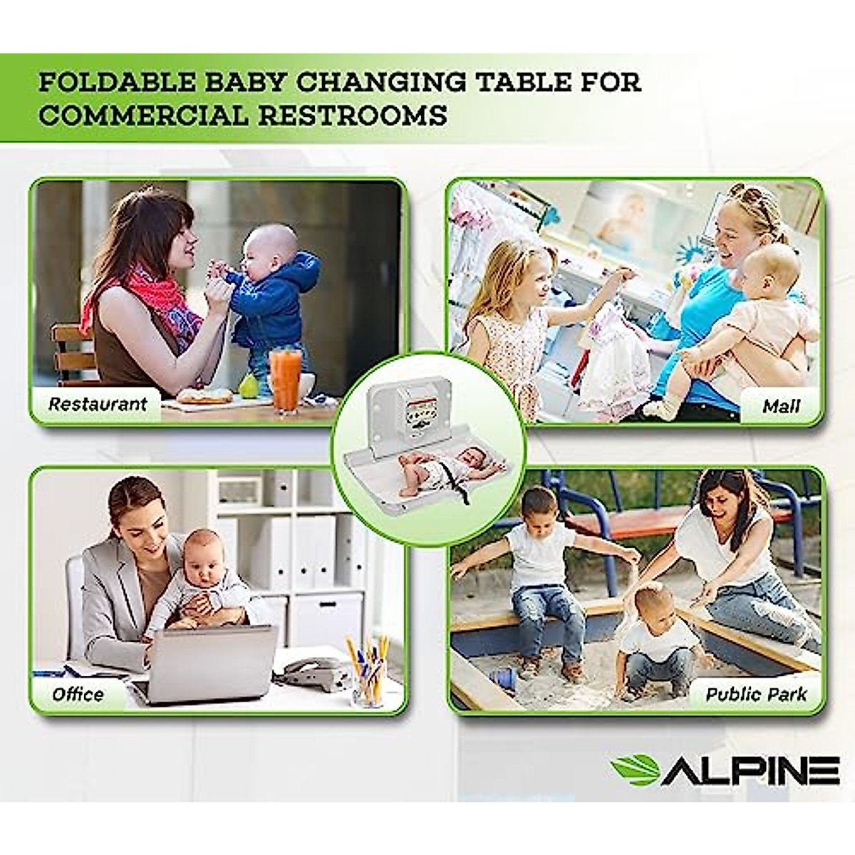 Alpine Wall Mounted Baby Changing Station - Horizontal Baby Changing Table Foldable Diaper Tables with Safety Strap for Commercial Bathroom, ADA Compliant (Hardware Included) White Gray
