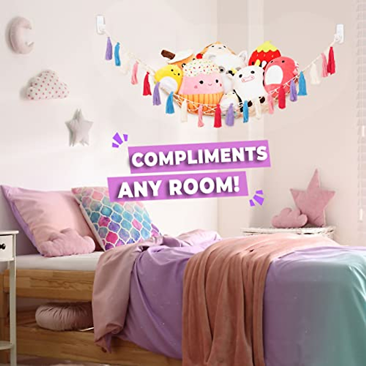 Familla Girls XL Toys & Stuffed Animal Hammock for Kids Room with LED String Light | Jumbo Toy Hammock Organizer | Corner Toy Net for Stuffed Animals & Plushie Storage | Macrame Plush Animal Net Toy Storage