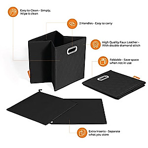 JIAessentials 12 inch Black Foldable Diamond Patterned Faux Leather Storage Cube Bins Set of Two with Handles for living room, bedroom and office storage