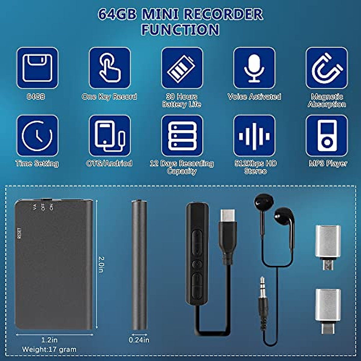 64GB Mini Digital Voice Recorder,Magnetic Voice Activated Recorder with 12 Days Recording Capacity,30 Hours Battery Time,Rechargeable Portable Audio Recorder for Meeting Interview