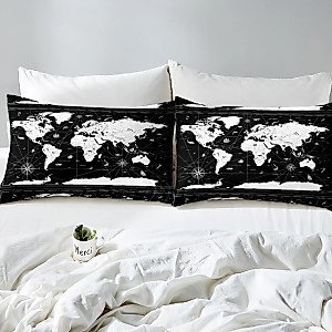 Erosebridal World Map Bedding Set Queen Nautical Theme Duvet Cover Black White Bedroom Decor Campus Sailboat Bedding, Geography Earth Global Theme Comforter Cover for Boys Girls Men Women