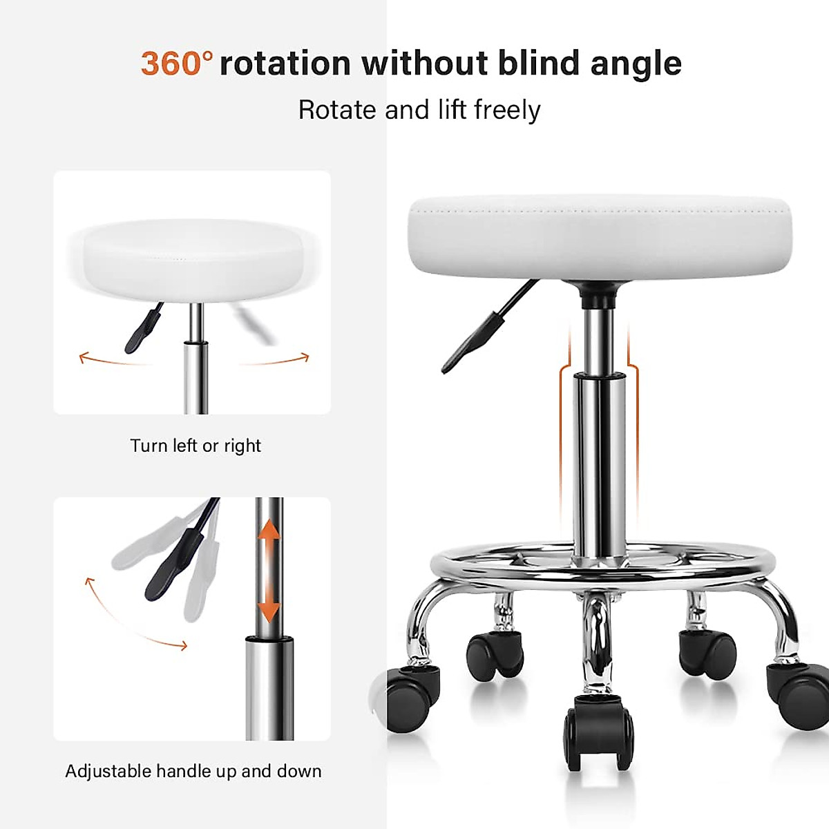 KKTONER PU Leather Round Rolling Stool with Foot Rest Swivel Height Adjustment Spa Drafting Salon Tattoo Work Office Massage Stools Task Chair Cushion 14 inches (White)