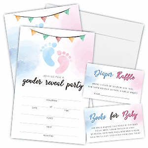 JCVUK Set of 25 Baby Shower Invitations with Envelopes, Diaper Raffle Tickets and Baby Shower Book Request Cards, Blue and Pink Baby Footprints Theme Gender Reveal Party For Boys or Girls (YQKTZ-A04)