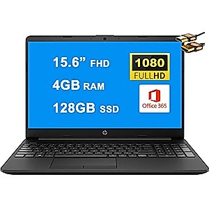 HP 15 Laptop 15.6” Diagonal FHD IPS Display Intel Celeron N4020 Processor 4GB RAM 128GB SSD Intel UHD Graphics 600 USB-C Office365(1-Year) Webcam Win10 Black + HDMI Cable