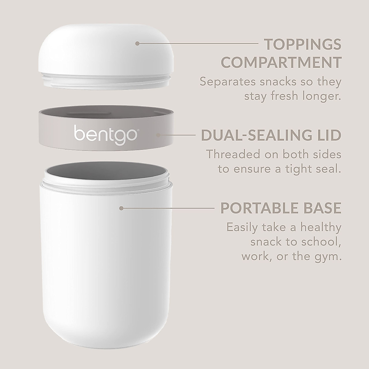 Bentgo Snack Cup - Reusable Snack Container with Leak-Proof Design, Toppings Compartment, and Dual-Sealing Lid, Portable & Lightweight for Work, Travel, Gym - Dishwasher Safe (White)