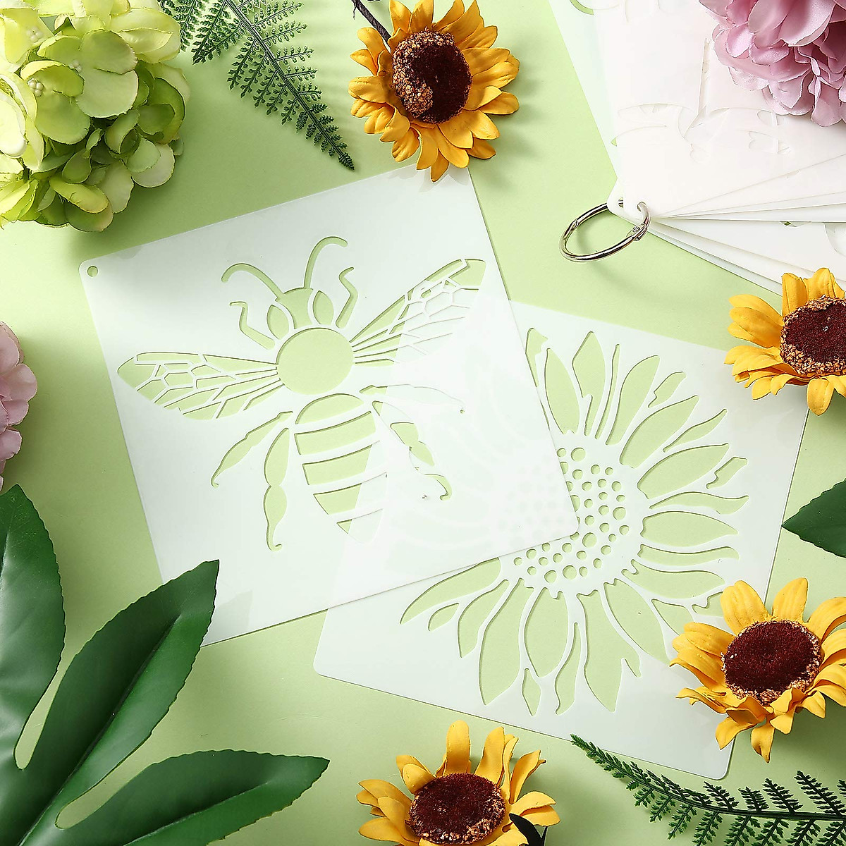 16 Pieces Flower Stencil for Painting Bee Sunflower Butterfly Spring Stencil Large Template Reusable Summer Painting Stencil and Metal Open Ring for DIY Craft on Wood Wall Home Decor(5.1 x 5.1 Inch)