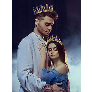 SWEETV Couple Crowns for Women & Men,Crystal Queen Tiara King Crown Set,2-Pack Gold Blue Medieval Hair Accessories for Prom Wedding Photo Shoot Birthday