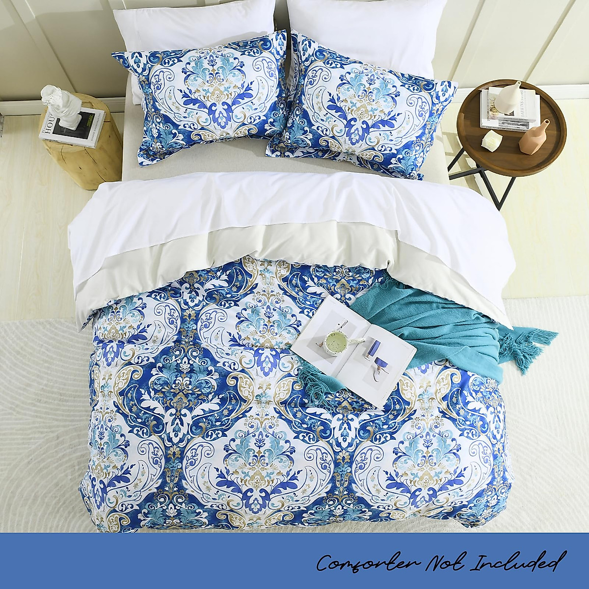 Uniclinens Damask Duvet Cover Queen - Blue Painting Duvet Cover Set, 100% Cotton Queen Size Set with Zipper Closure and 8 Ties, 1 Duvet Cover (90”x 90”) & 2 Pillow Shams (20“x 26”), No Comforter