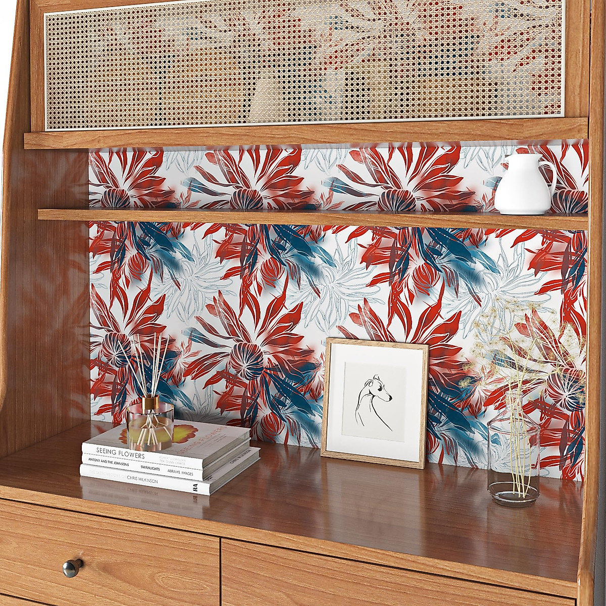 ReWallpaper 17.5in×23ft Floral Wallpaper Red and White Floral Peel and Stick Wallpaper Boho Blue Floral Petals Contact Paper for Cabinets Drawers Walls Blooming Flowers Wallpaper Waterproof Easy Apply