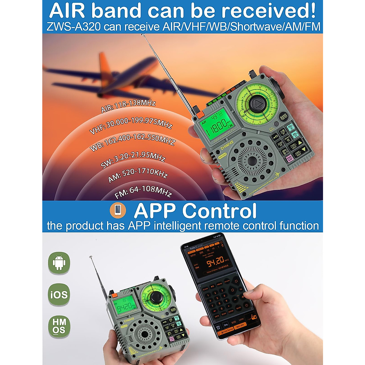 ZHIWHIS Shortwave Radio with Bluetooth and APP Control, AIR AM FM VHF SW WB Portable Receiver ...