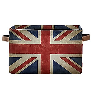 AUUXVA Britain Flag Union Jack Storage Bins Basket, Vintage UK Flag Collapsible Storage Cube Rectangle Storage Box with Handles for Shelf Closet Nursery Bedroom Home Office 1 Pack