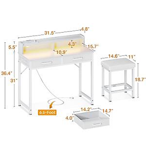 AODK Vanity Desk with Vanity Chair, Makeup Vanity with LED Lights, White Small Vanity Desk Without Mirror, 32 Inch Makeup Table for Small Space with 2 Fabric Drawers, Desk Make Up Vanity for Girls