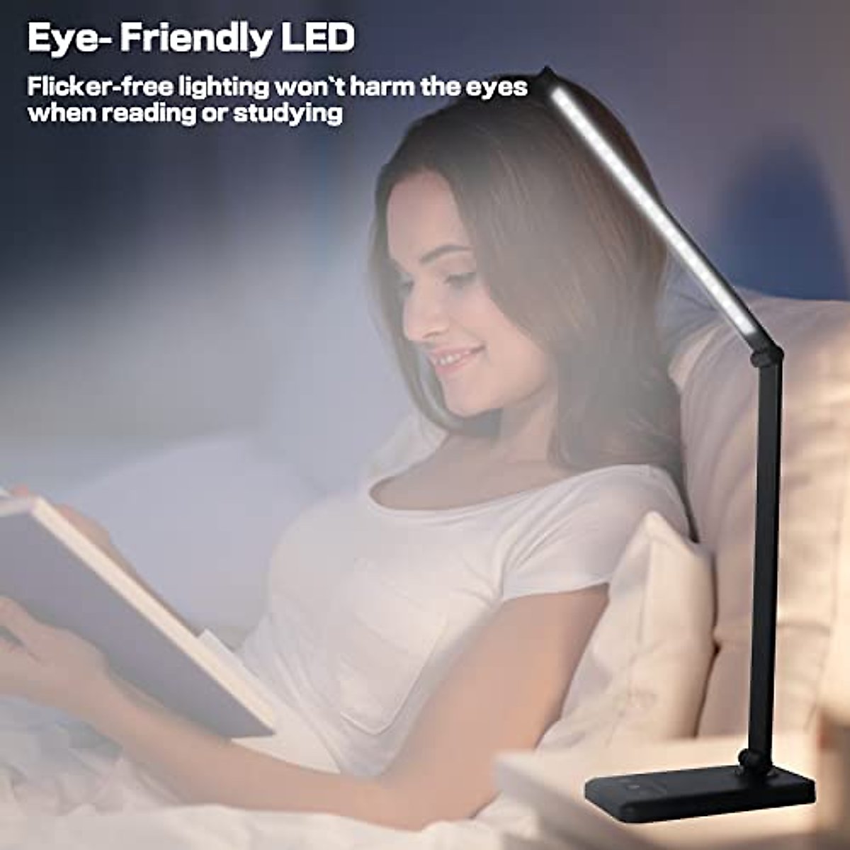 Kitys Fatch LED Touch Sensing Desk Lamp with USB Charging Port, 5 Lighting Modes, 5 Levels of Brightness, 30/60 Minutes Auto Timer, Foldable Desk Lamp for Bedroom, Study Room, (Black)