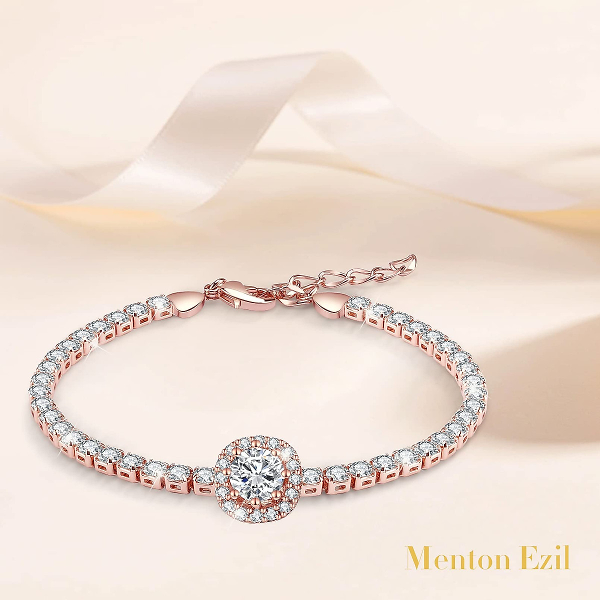 Menton Ezil Fasion Jewelry Tennis Bracelets For Women 18K Gold Plating Adjustable Bracelets And Earring Sets With Crystal For Wife Girlfriend Or Mothers Idea Gift For Mother's day (Rose Gold)