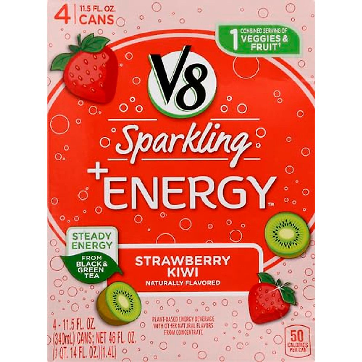 V8 +Energy Sparkling Strawberry Kiwi Juice Energy Drink, 11.5 fl oz Can (4 Pack)