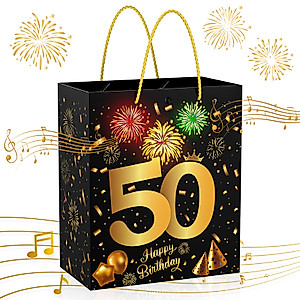 VANSHINIEER 50th Birthday Gift Bag with Fireworks Light and Music, Large Size Black Gold Gift Wrap Bag with Handles for 50th Birthday Party Decorations Supplies