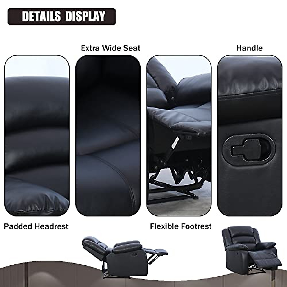 ANJ Black Recliner Chair with Overstuffed Arm and Back, Breathable Faux Leather Manual Reclining Chairs, Living Room Single Sofa Recliners