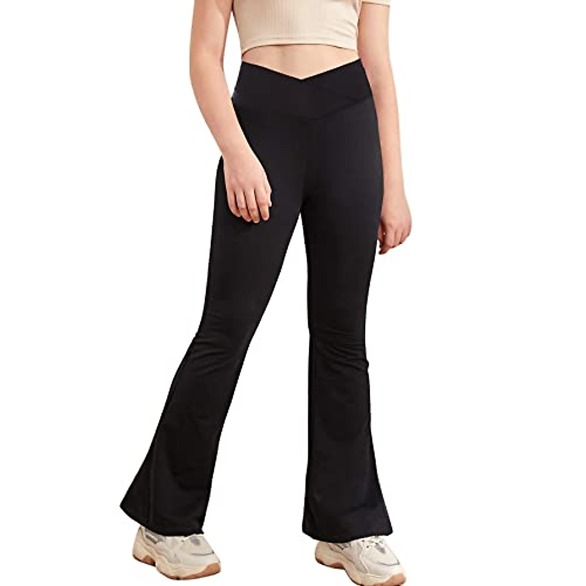 Girl's Leggings Cross High Waisted Flare Pants Yoga Bootcut Pants Solid Color Full Length Bell Bottoms 7-8 Years
