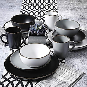 Gibson Home Rockaway Round Stoneware Dinnerware Set, Service for 4 (16pcs), Black/Gold Rim