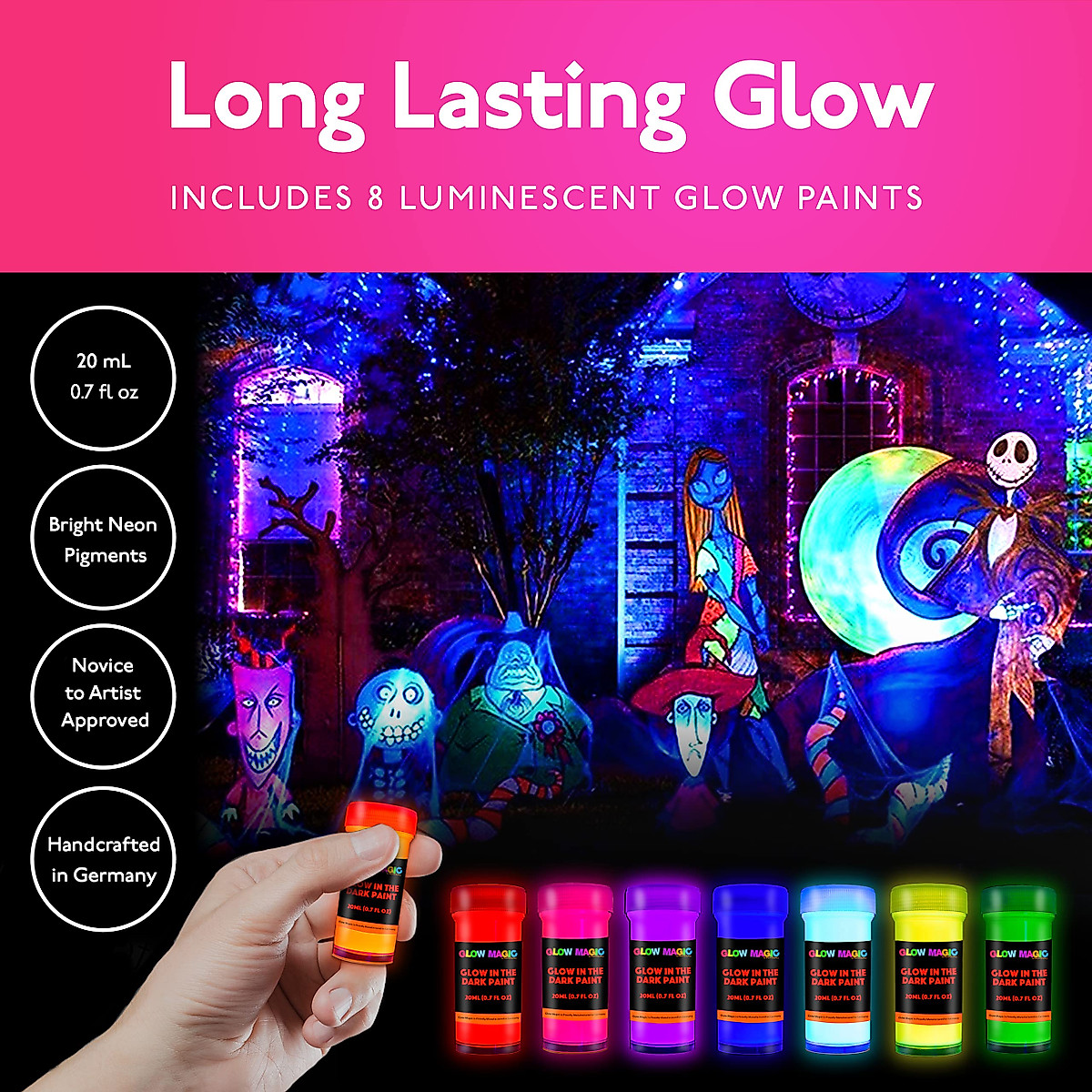 individuall Glow in The Dark Paint - Set of 8, 20 mL Reflective Acrylic Paints for Outdoor and Indoor Use on Canvas, Walls and Ornament Painting - Phosphorescent, Easter Egg Painting Decoration