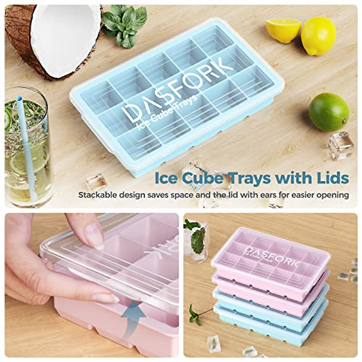 dasfork Ice Cube Trays 4 Pack, Food-grade Silicone Ice Cube Molds with Lid, Flexible Easy Release Silicone Trays for Freezer and Oven, BPA Free