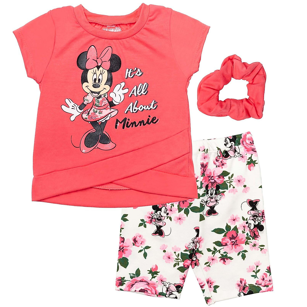 Disney Minnie Mouse Toddler Girls Crossover T-Shirt Bike Shorts and Scrunchie 3 Piece Outfit Floral Coral/White 4T