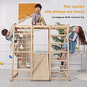 Giant bean Large Size Indoor Playground Jungle Gym for 2-10yrs Kids,Toddlers Climber Toys 9-in-1 with Slide, Rock Climb Wall, Monkey Bars, Wood & Rope Ladder, Climbing Rope & Wall and Gymnastic Ring