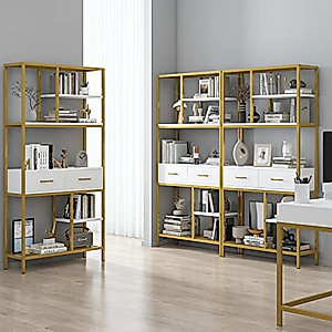 HITHOS Bookshelf, Tall Bookcase with 2 Drawers and Storage Shelves, Industrial Etagere Bookcase Book Shelves for Office, Living Room, Bedroom, White/Gold