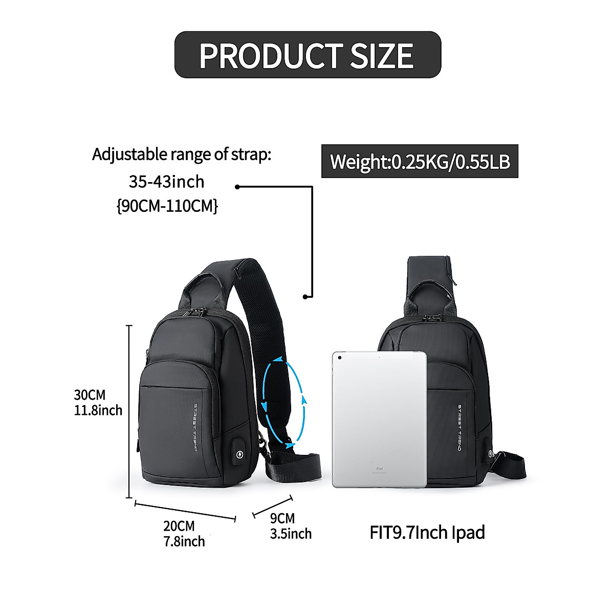 VGOCO Black Sling Bag for Men,Mens Crossbody Bag Hiking Sling Backpack Small Waterproof Anti Theft Shoulder Bag for Women One Strap Backpack Tactical Chest Bag Travel Casual Daypack